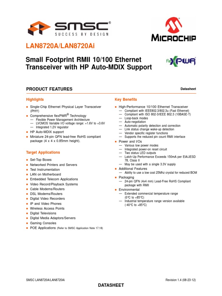LAN8720A/LAN8720Ai: Small Footprint RMII 10/100 Ethernet Transceiver ...