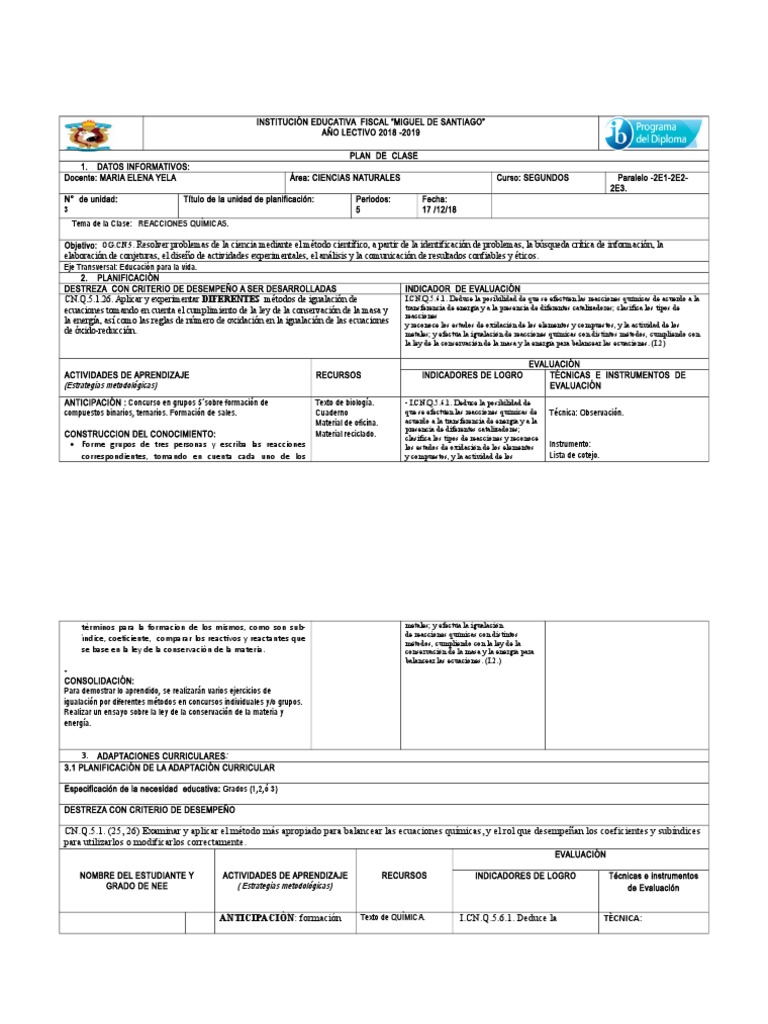 1 Plan De Clase Quimica Pdf Reacciones Químicas Redox