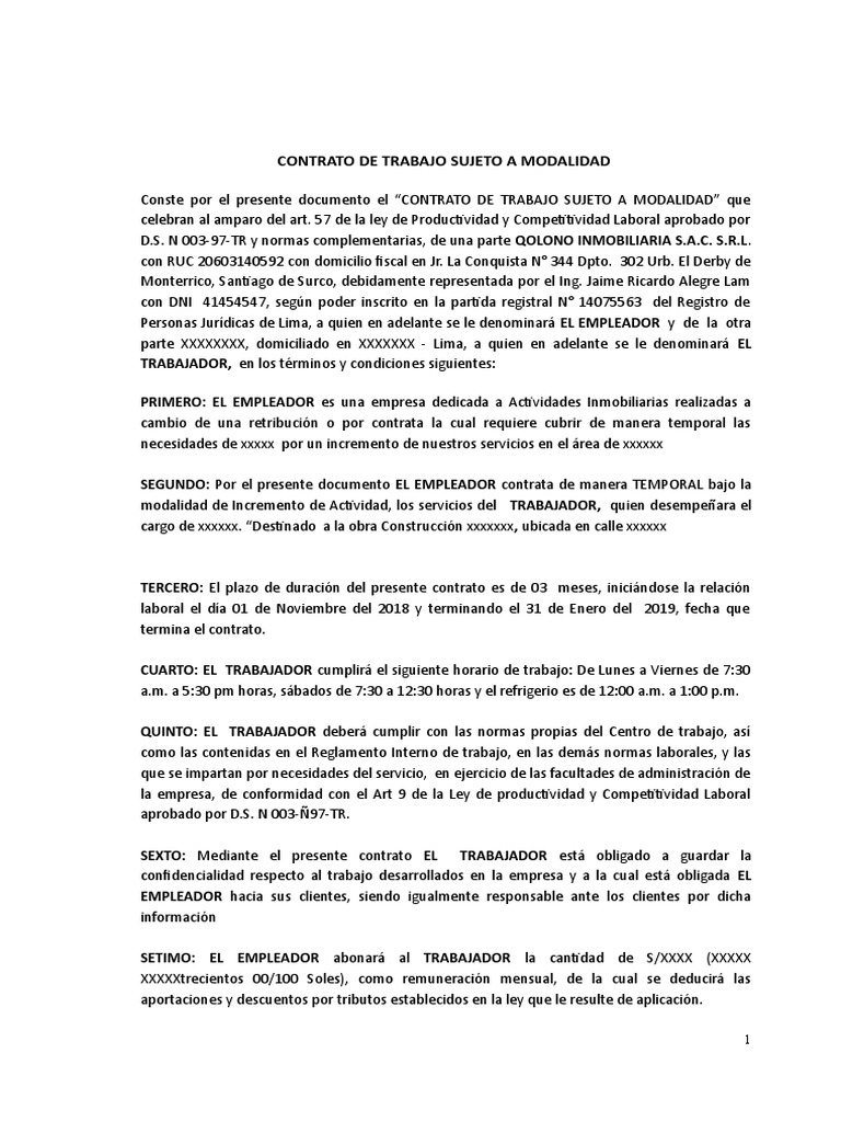 Contrato de Trabajo Modelo | PDF | Derecho laboral | Información del ...
