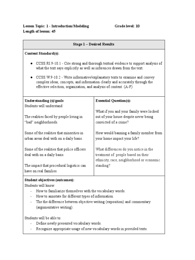Lesson Topic: 1 Introduction/Modeling Grade Level: 10 Length of Lesson ...