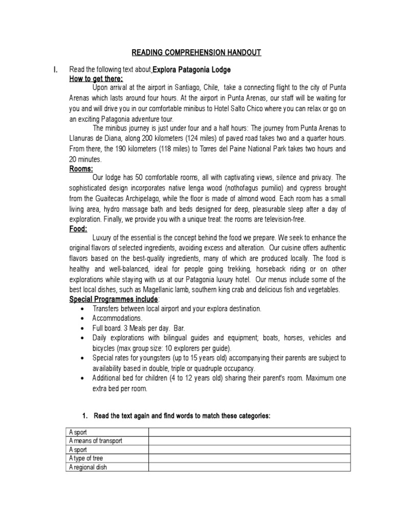 Reading Comprehension Activity Tourism | PDF | Hotel | Eating Behaviors ...