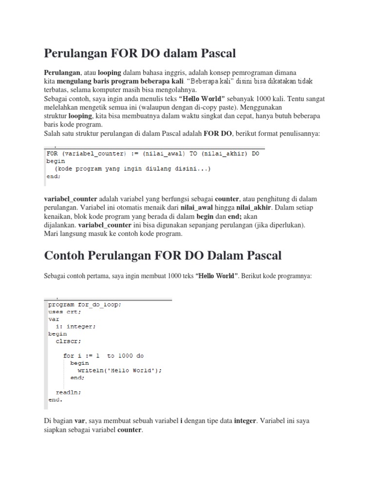 Perulangan FOR DO & DOWNTO Pascal | PDF