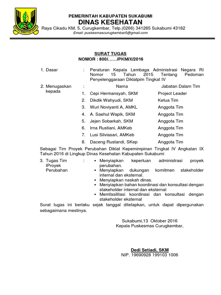 Surat Tugas Tim Proyek Kesehatan | PDF