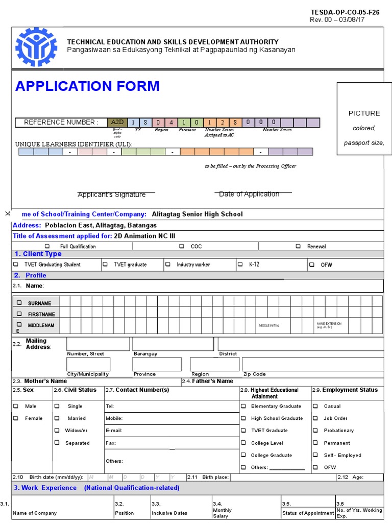 Application Form: Pangasiwaan Sa Edukasyong Teknikal at Pagpapaunlad NG Kasanayan | PDF ...