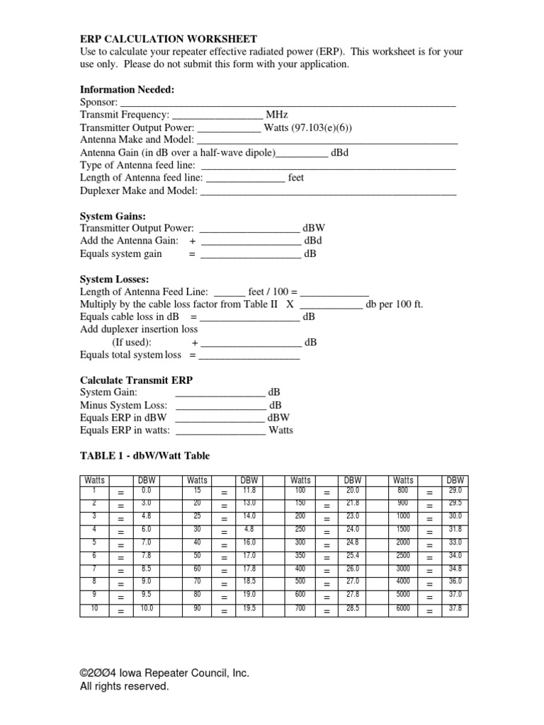 Erp Calculation Worksheet: Watts DBW Watts DBW Watts DBW Watts DBW ...