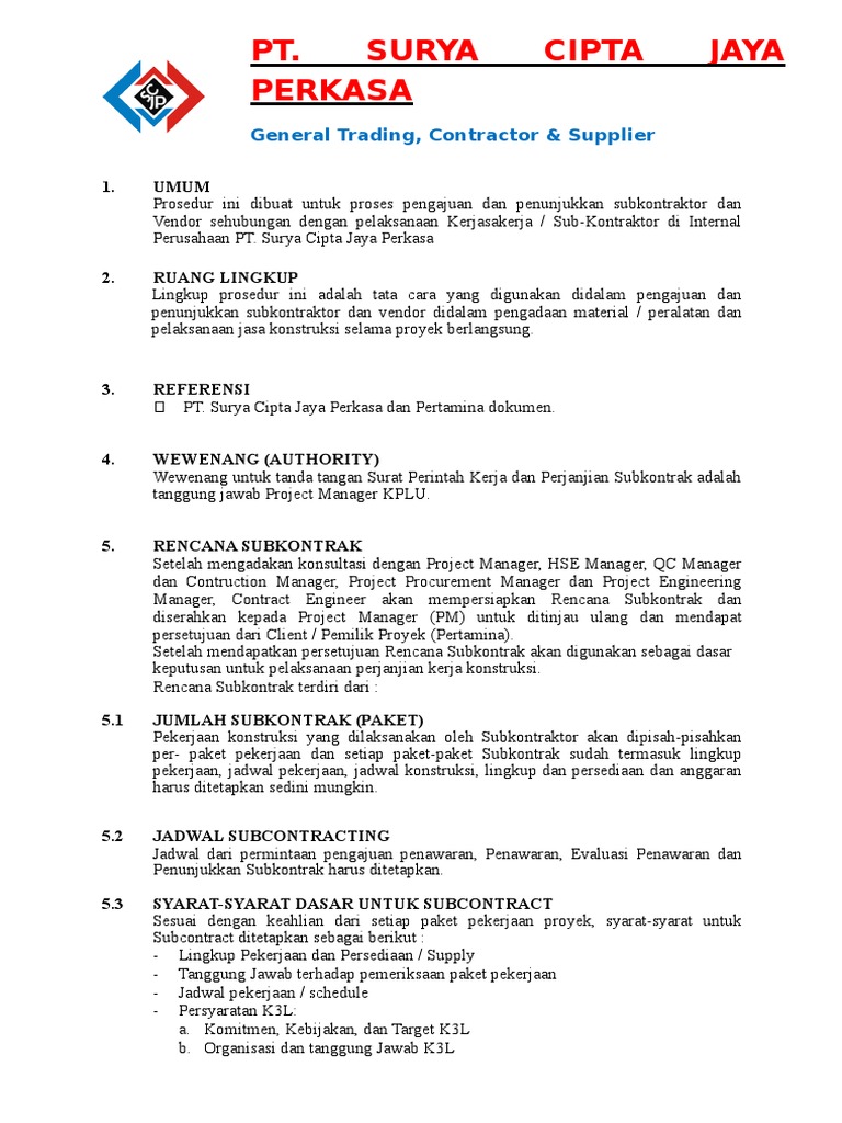 Prosedur Penunjukan Subkontraktor | PDF