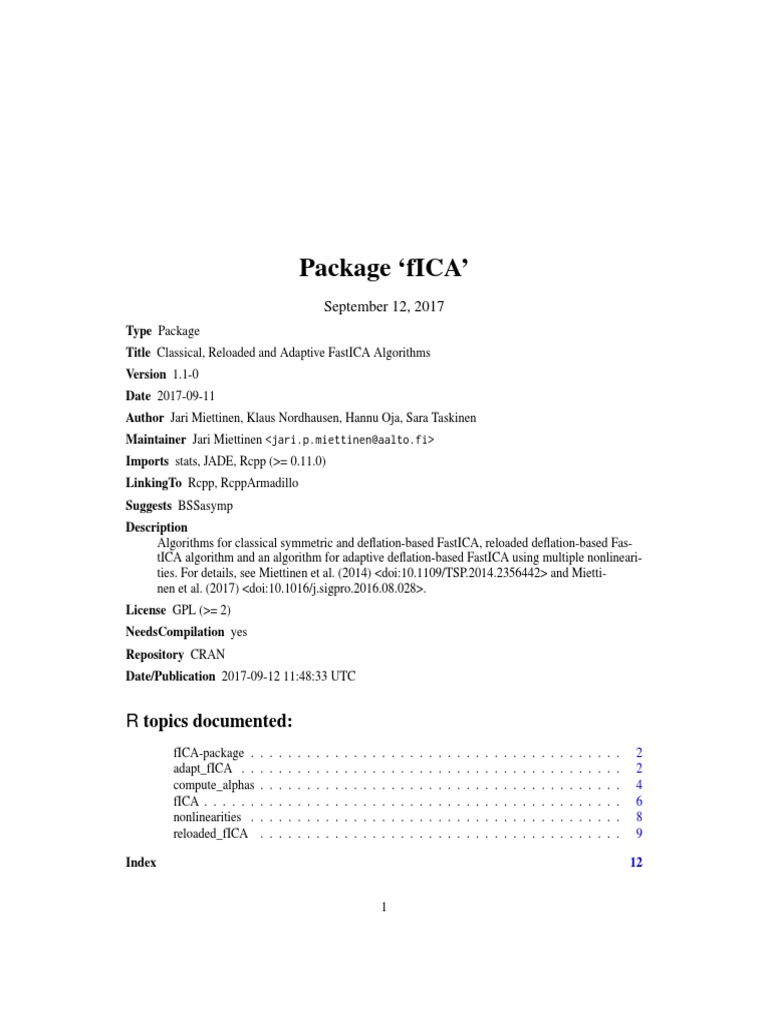 Package fICA': R Topics Documented | PDF | Mathematical Optimization | Matrix (Mathematics)