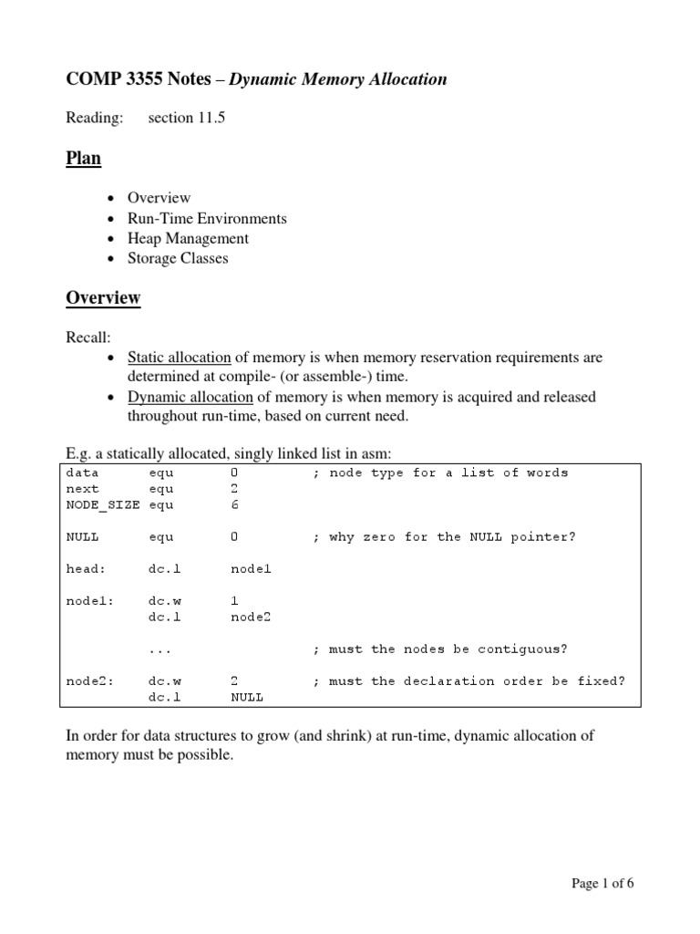 Comp 3355 Notes Dynamic Memory Allocation Pdf C Programming Language Pointer Computer