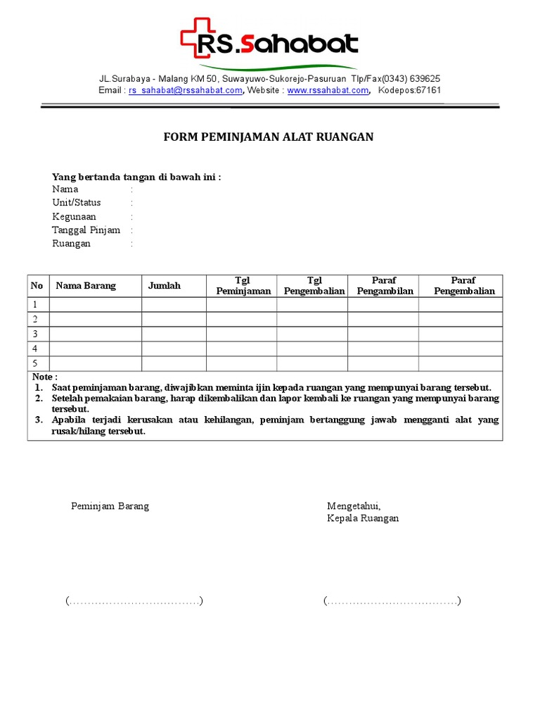 Form Peminjaman Barang Di Rumah Sakit | PDF