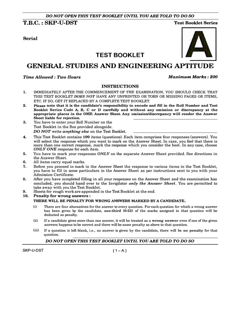 Test Booklet General Studies and Engineering Aptitude: T.B.C.: SKP-U ...