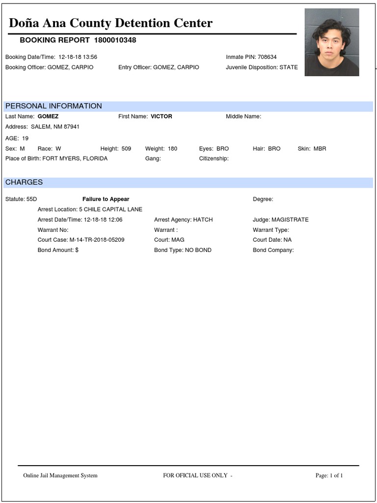 Doña Ana County Detention Center: BOOKING REPORT 1800010348 | PDF | Law