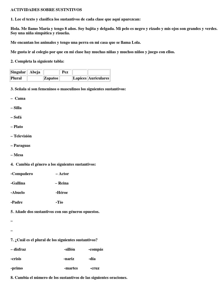 Actividades Sobre Sustantivos | PDF | Sustantivo | Adjetivo