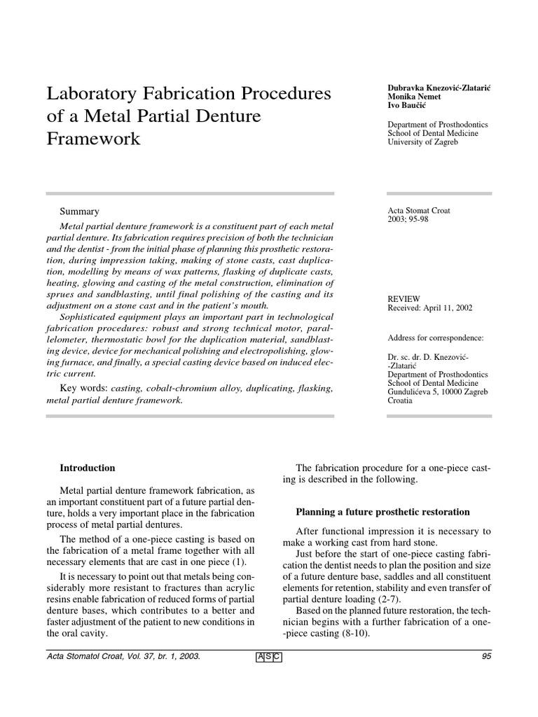 Laboratory Fabrication Procedures of A Metal Partial Denture Framework ...