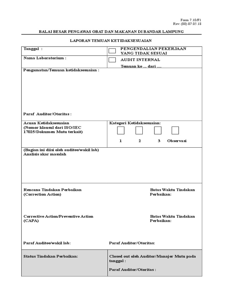 Form 7.10F1 Laporan Temuan Ketidaksesuaian | PDF