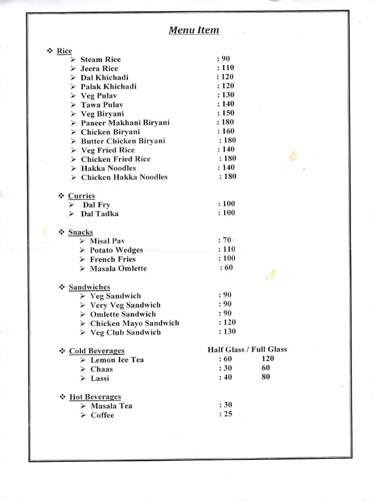 Indian Rice and Snack Menu | PDF