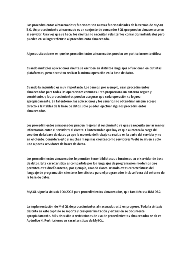 Procedimientos Almacenados en MYSQL | PDF | SQL | Servidor (Computación)