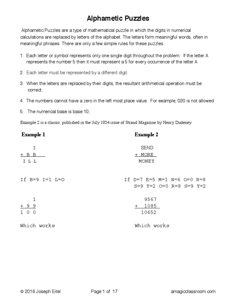 Alphametic Puzzles: Each Letter Must Be Represented by A Different ...