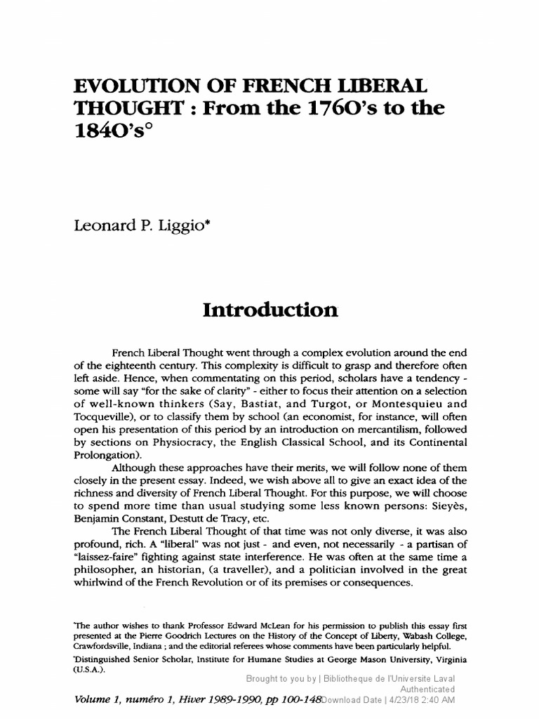 Liggio, L. P. 1990. "Evolution of French Liberal Thought: From The 1760 ...
