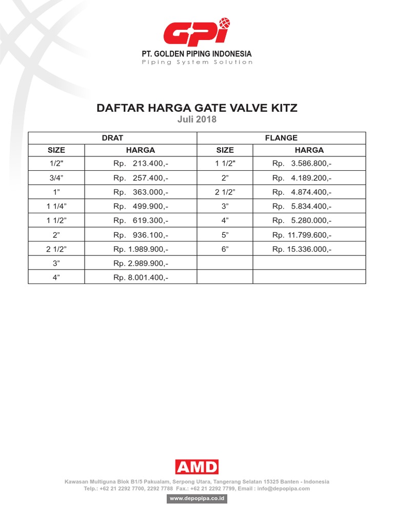 GPI Price List Kitz Gate Valve Juli 2018 | PDF