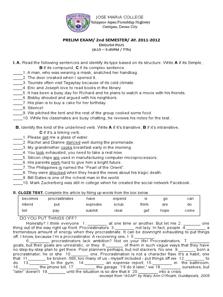 Preliminary Examination in English Plus: Identifying Sentence ...