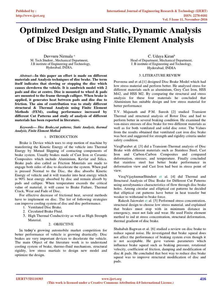 Optimized Design and Static, Dynamic Analysis of Disc Brake Using ...