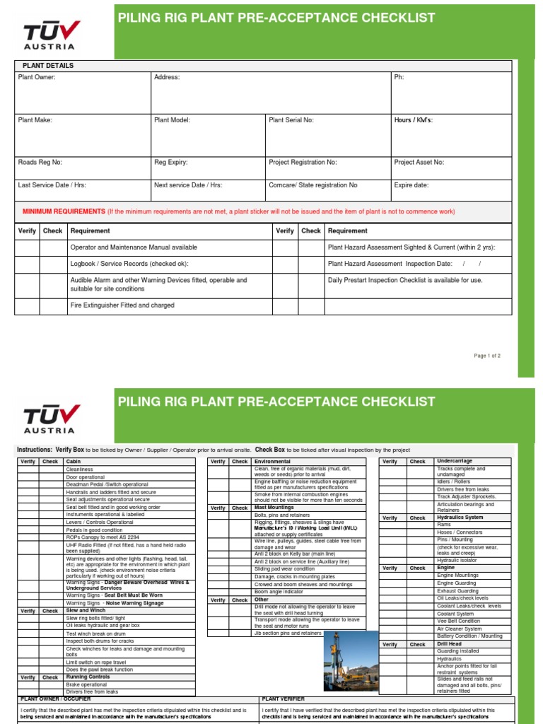 JH FRM Pae 001 60 Piling Rig Plant Pre Acceptance Checklist | PDF ...