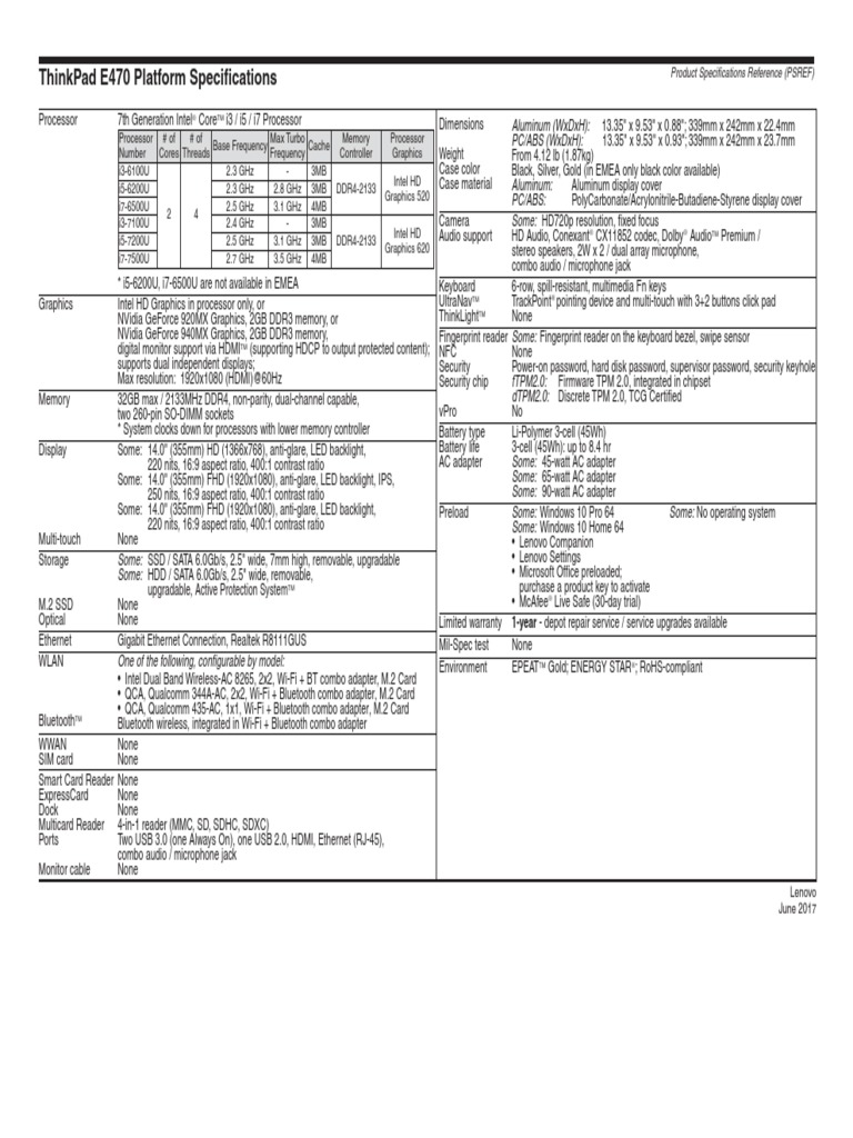 ThinkPad E470 Specs | PDF | Personal Computers | Computer Hardware