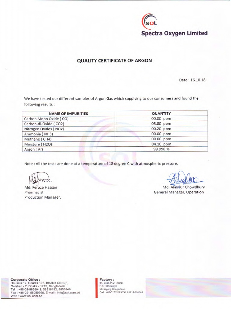 Spectra Argon Certificate | PDF