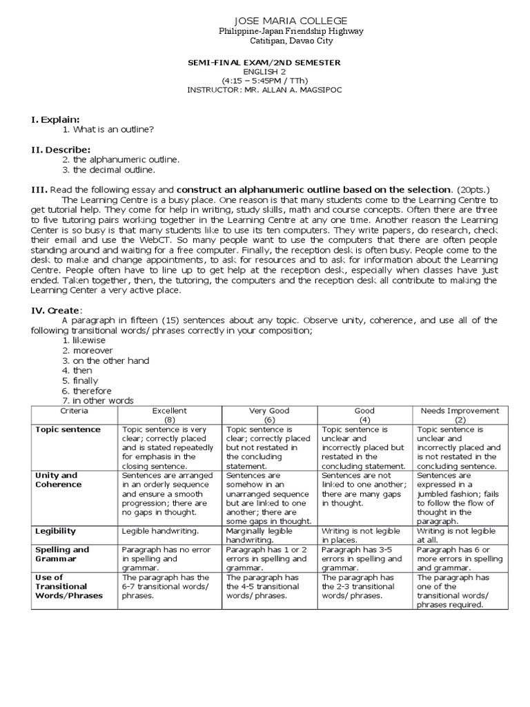 SEMI-final Exam. Eng2 | PDF | Paragraph | Phrase