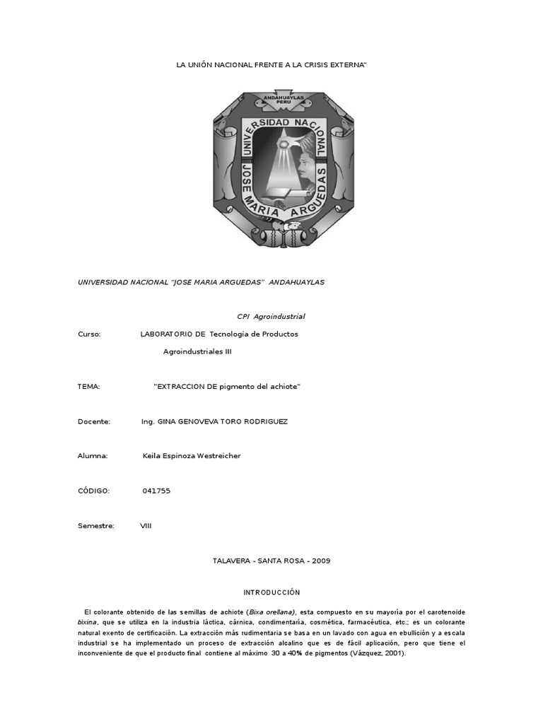 Colorante de Achiote Aceite Esencial (Informe de Entrega) | PDF ...