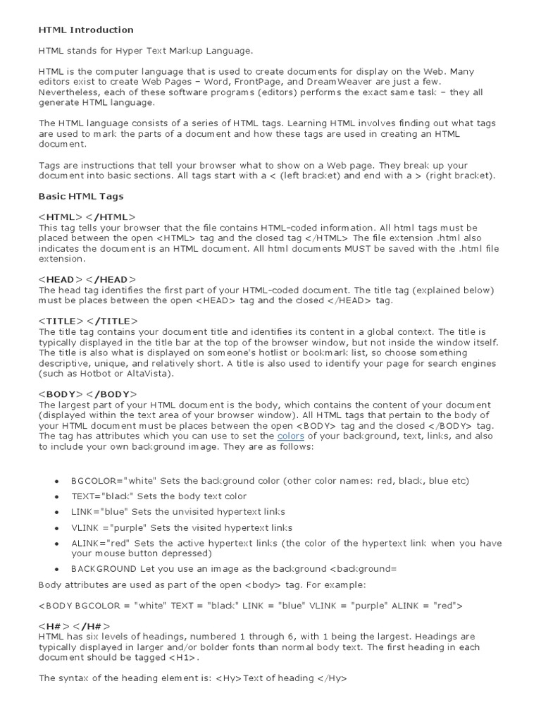 HTML Introduction: Colors | Download Free PDF | Html Element | Hyperlink