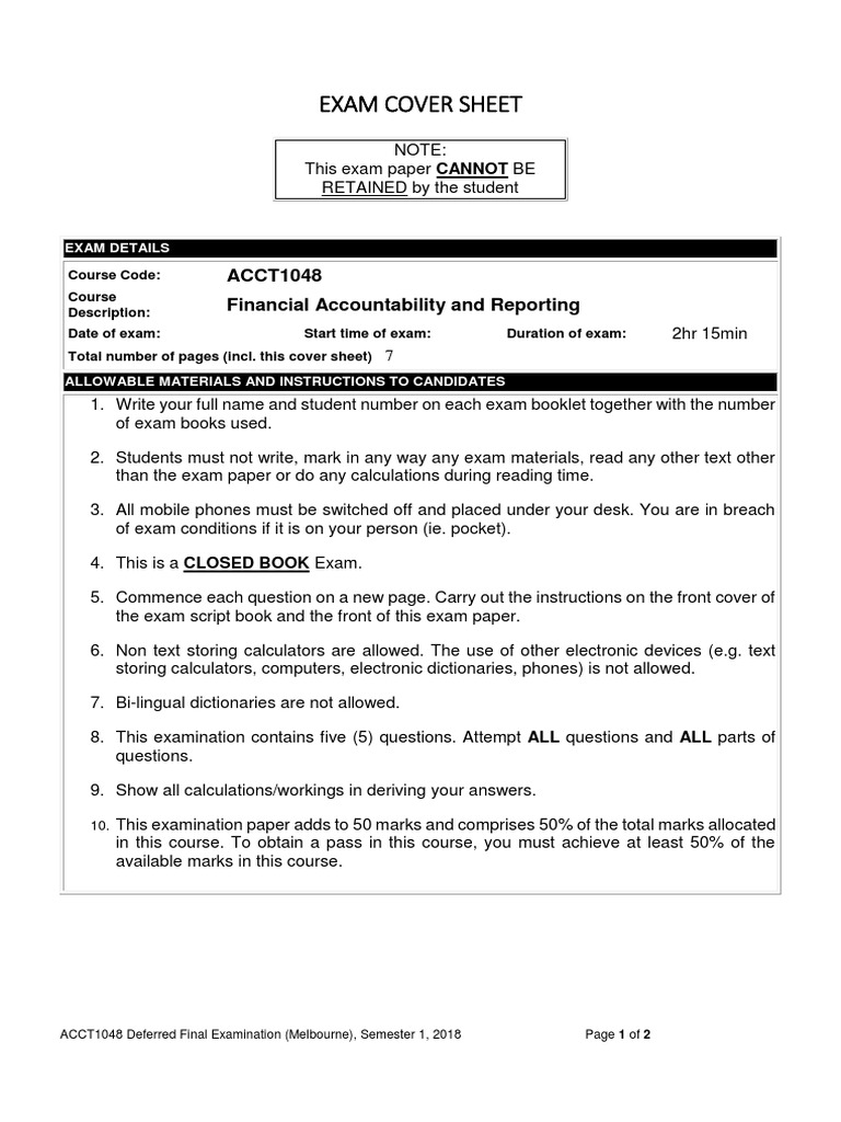 Exam Cover Sheet: ACCT1048 Financial Accountability and Reporting | PDF