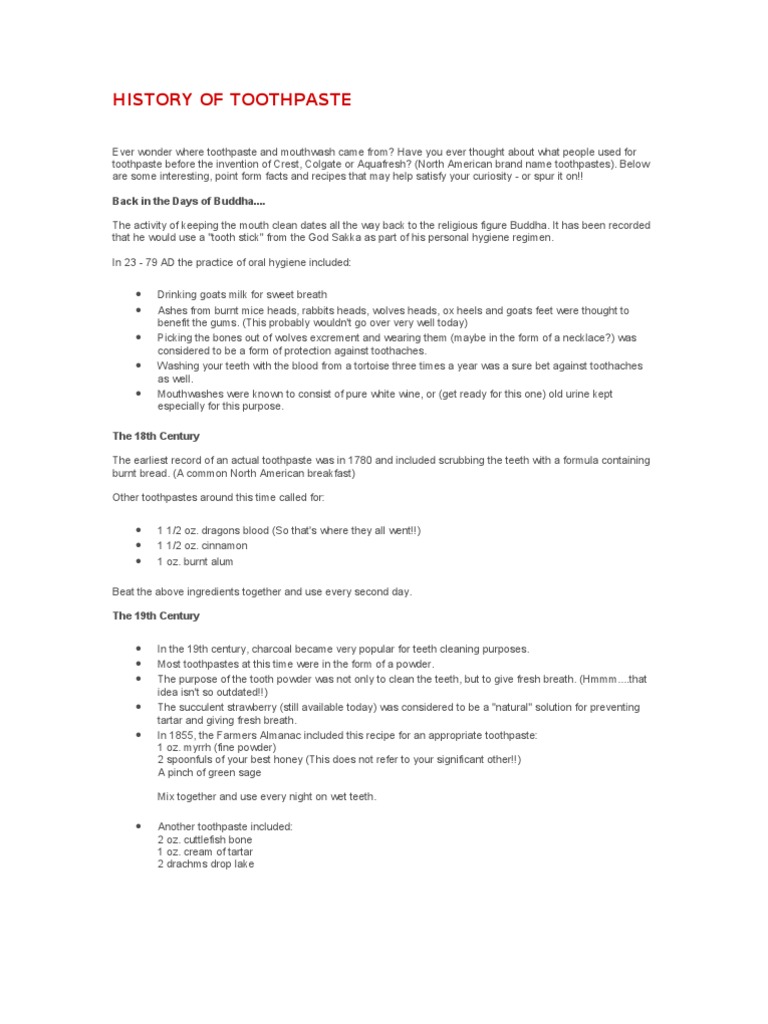 History of Toothpaste | PDF | Mouth | Dentistry