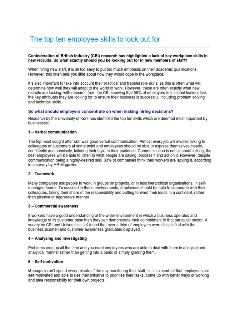 The Top Ten Employee Skills To Look Out For: So What Should Employers ...