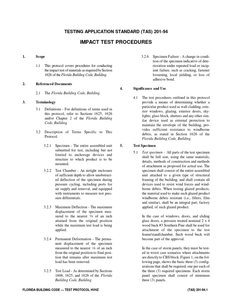 Impact Test Procedures: Testing Application Standard (Tas) 201-94 | PDF ...