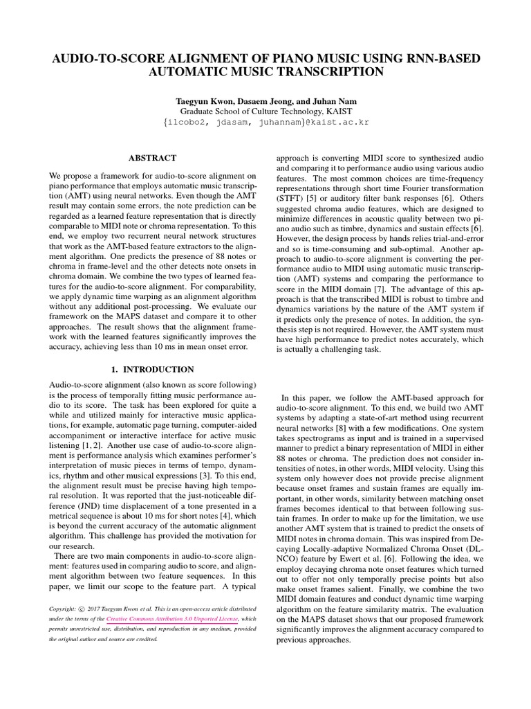 Audio-To-Score Alignment of Piano Music Using Rnn-Based Automatic Music ...