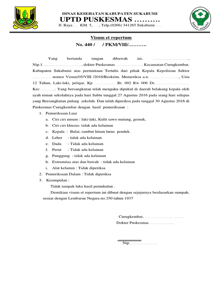 Contoh Visum Penganiayaan Anak | PDF | Kesehatan Holistik