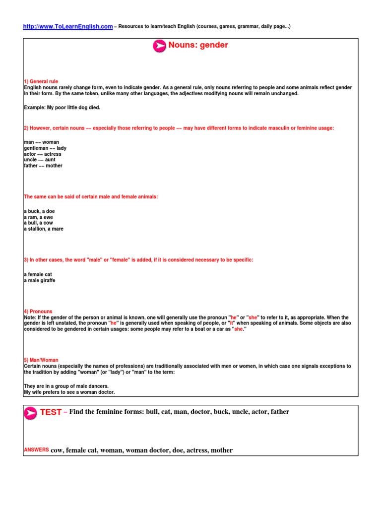 Understanding Gender in English Nouns | PDF | Language Arts ...