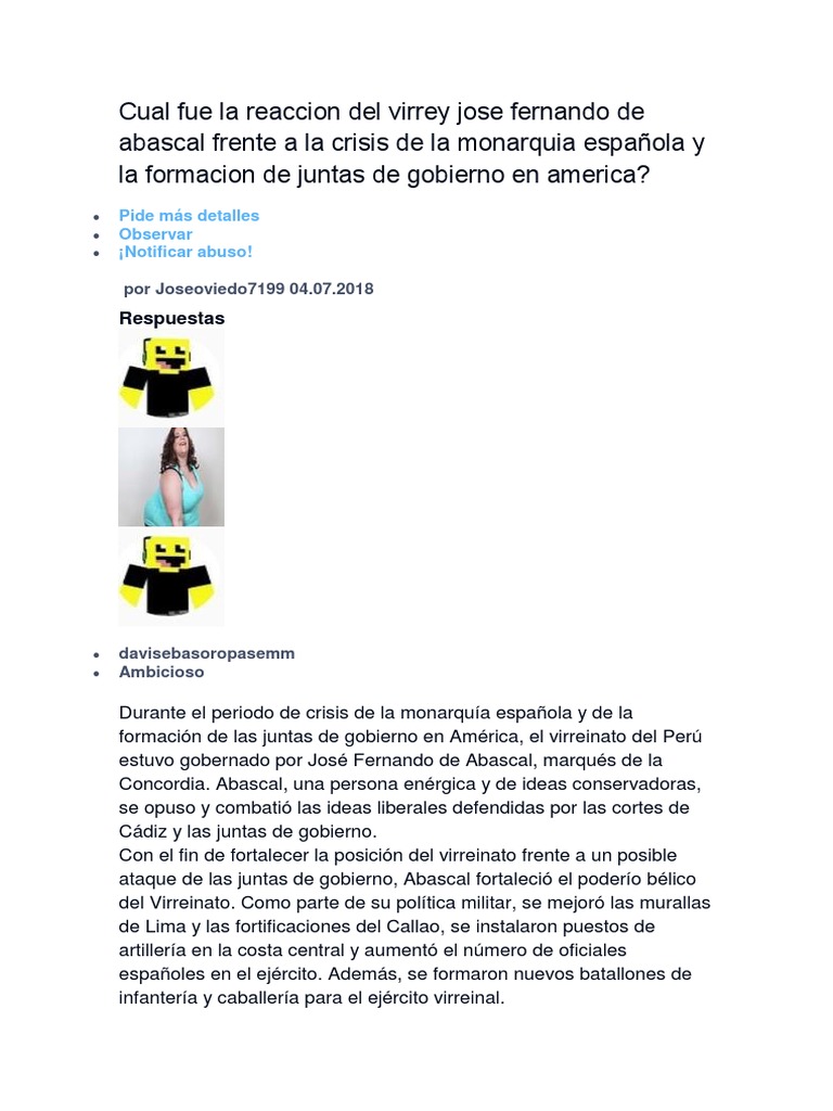 Cual Fue La Reaccion Del Virrey Jose Fernando de Abascal Frente A La ...