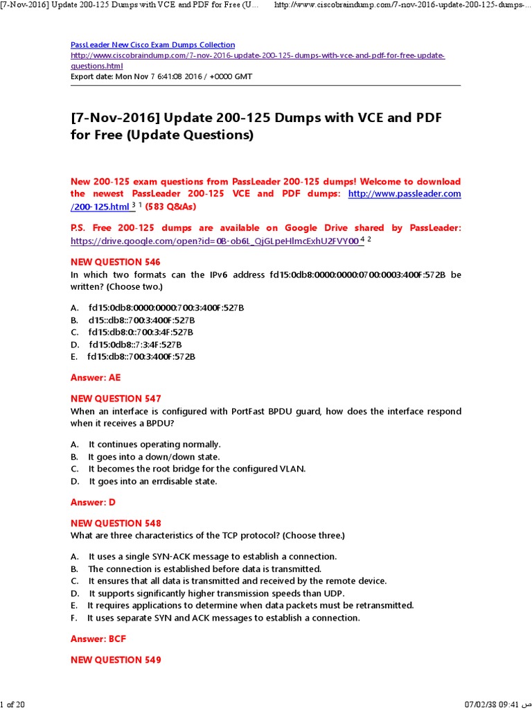 CCNA Dump 200-125 07112016 (Some Questions Updated) PDF | Download Free PDF | Router (Computing ...