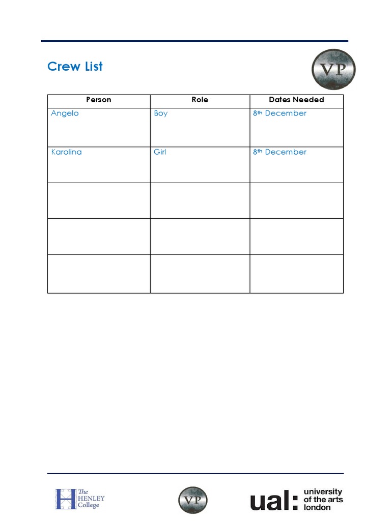 Crew List: Person Role Dates Needed | PDF