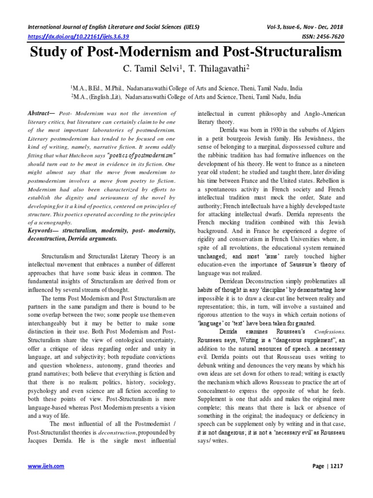 Study of Post-Modernism and Post-Structuralism | PDF | Deconstruction | Jacques Derrida