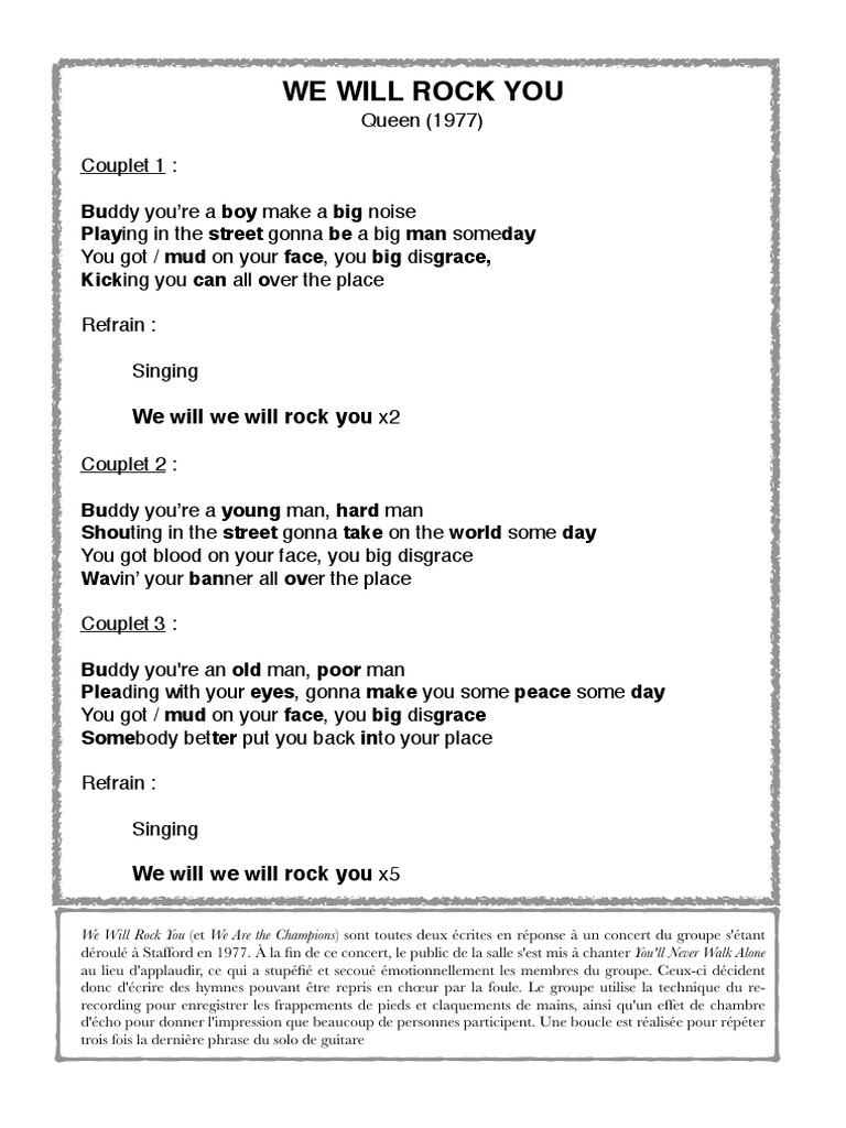 We Will Rock You Paroles - Fiche by MARC 2018 | PDF