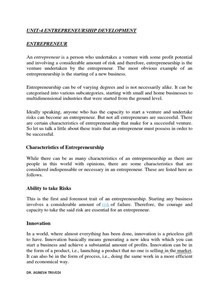 Unit-4 Entrepreneurship Development | PDF | Entrepreneurship | Economic ...