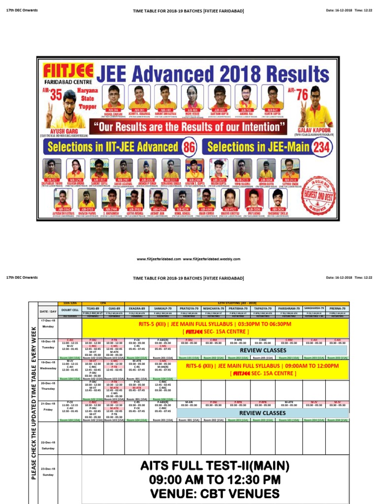 Fiitjee Class Timetable | PDF | Teaching Mathematics