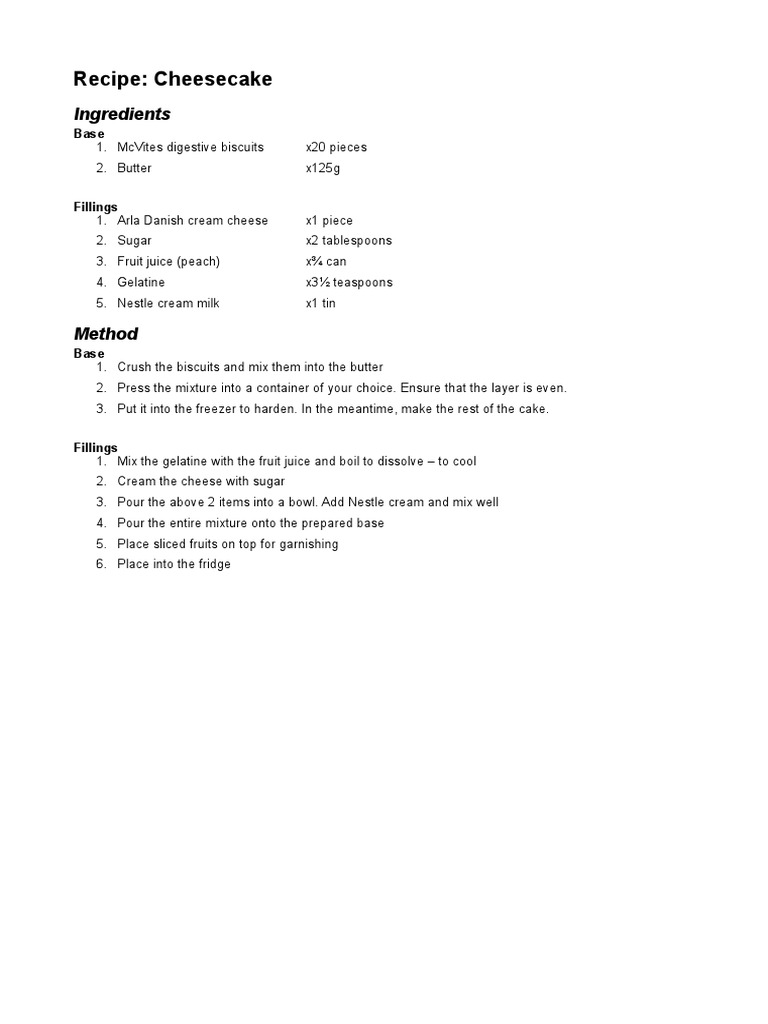 Recipe: Cheesecake: Ingredients | PDF
