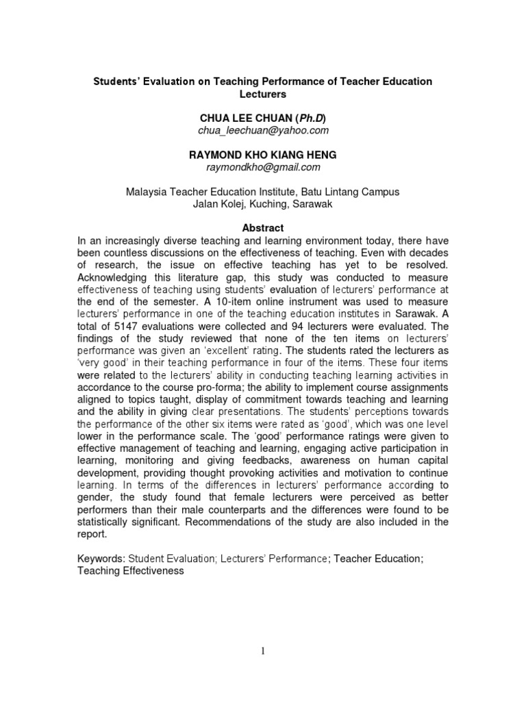 Students' Evaluation On Teaching Performance of Teacher Education ...