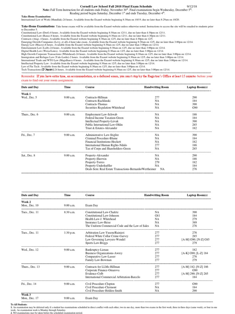Cornell Law Fall 2018 Exam Schedule | PDF | Test (Assessment) | Social ...