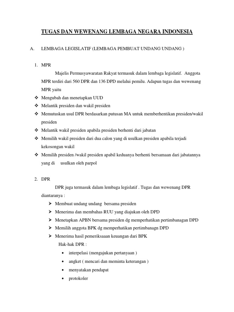 Tugas Dan Wewenang Lembaga Negara Indonesia | PDF | Hukum