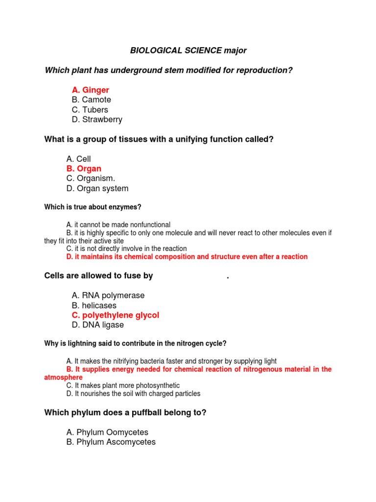Biological Science Quiz Questions | PDF | Cell (Biology) | Carbon